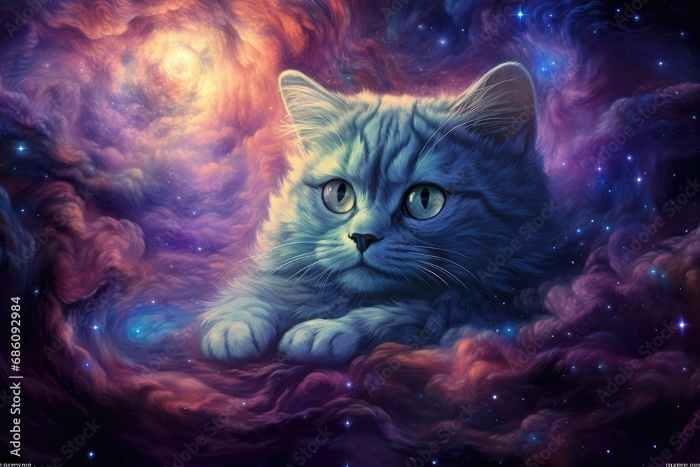 Cosmic background with a fantasy cat composed of swirling galaxies and ...