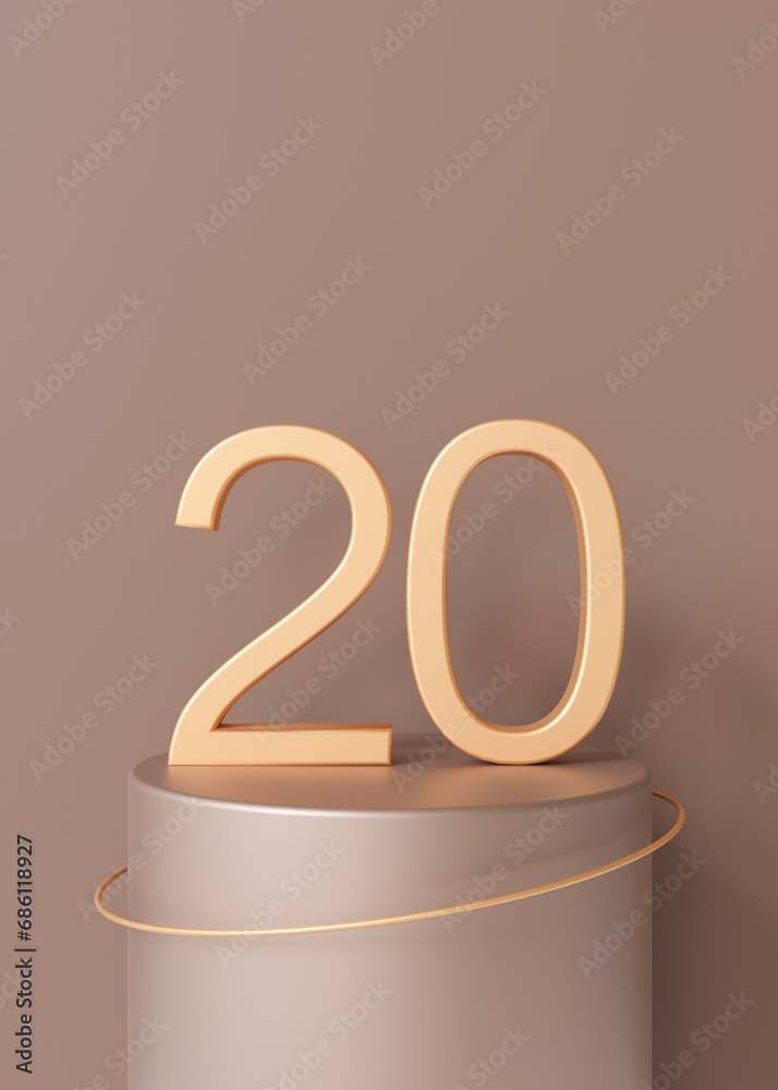 Golden number twenty standing on podium on brown background. Symbol 20 ...