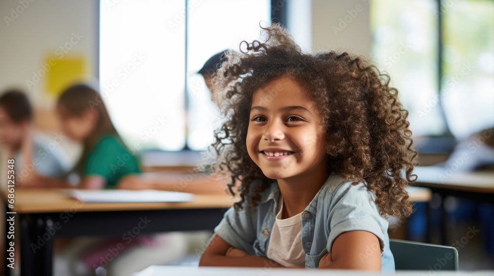 portrait of a smiling afro school girl sitting and studying in ...