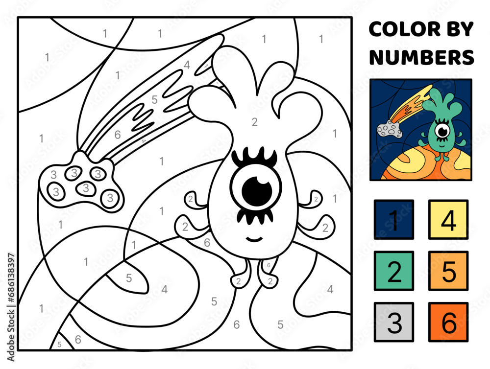 Green alien on orange planet. Color by number. Space. Coloring page ...