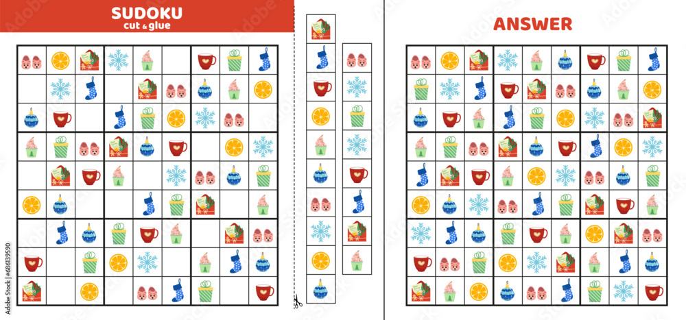Sudoku for kids with nine winter elements. Sudoku for kids. Cut and ...