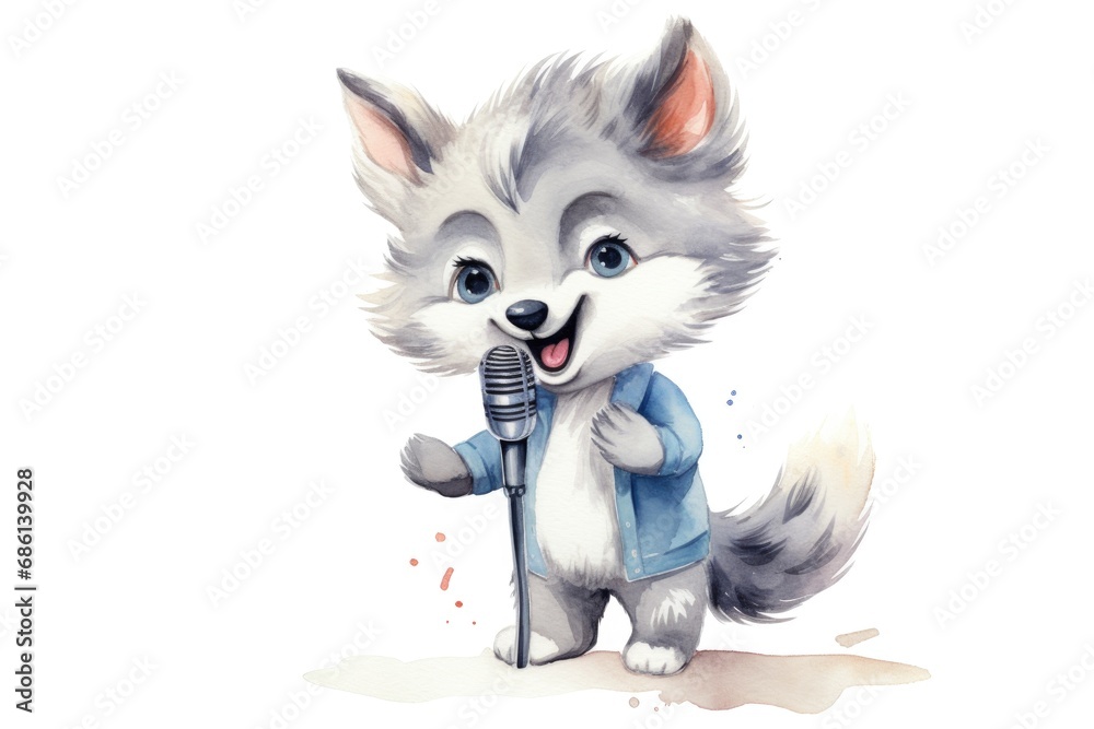 cartoon watercolor wolf with microphone on white background Stock ...