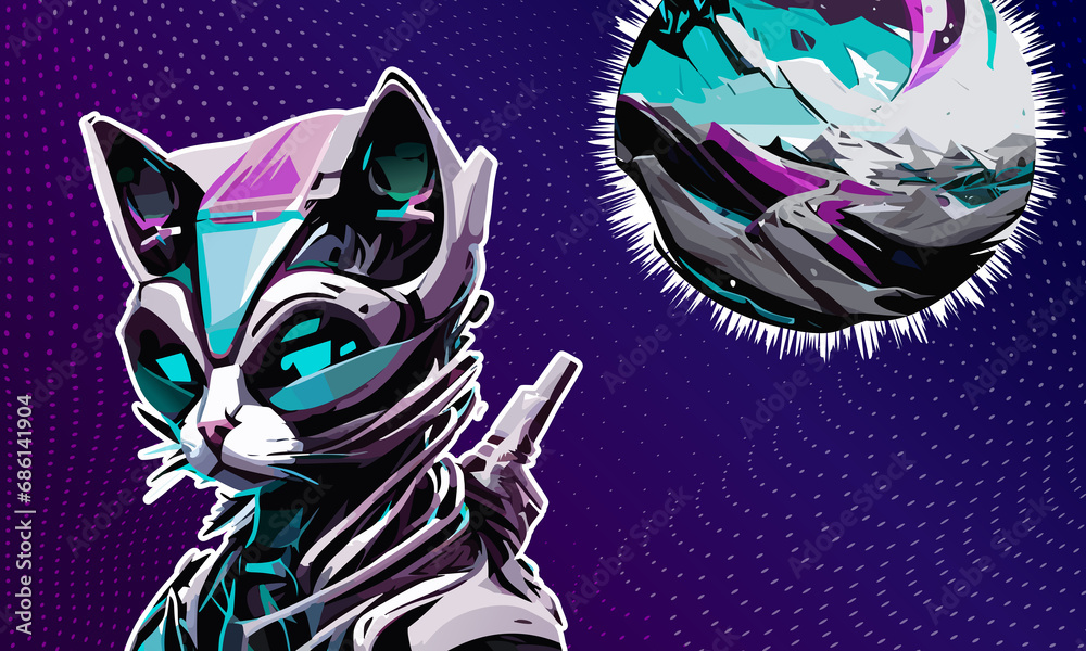 Vector cyberpunk cat in space 'with optical illusion background Stock ...