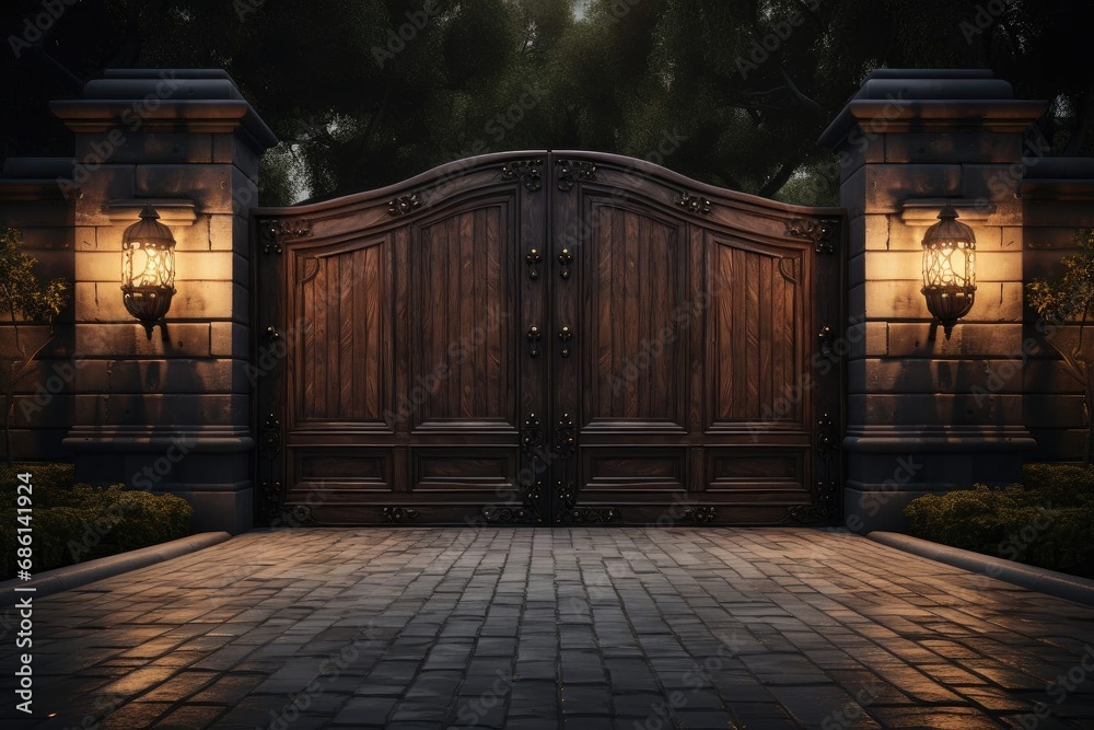wooden gate of luxury villa, exterior design, home design Stock Photo ...