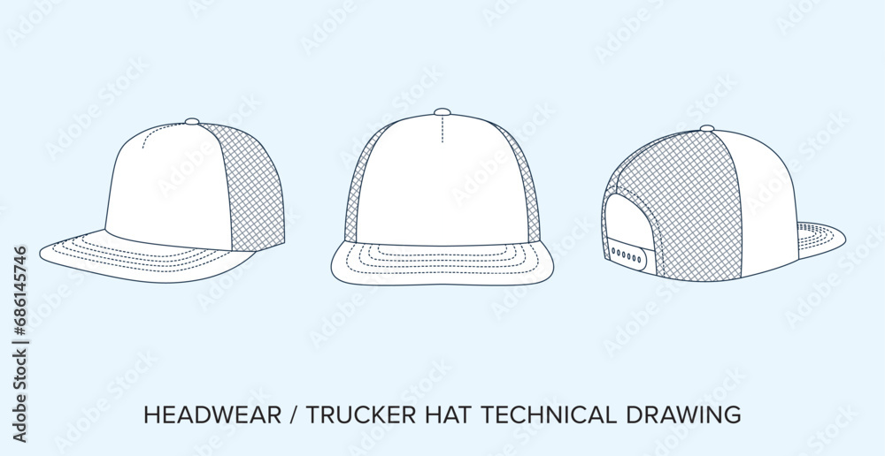 Blank Trucker Cap Technical Drawing, Headwear Blueprint for Fashion ...