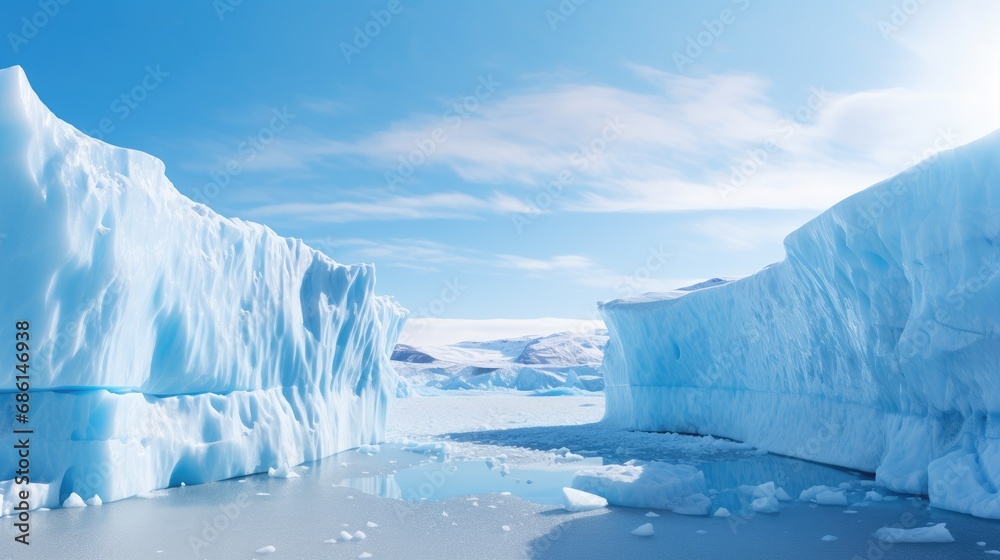 Massive ice walls and floating ice chunks in a polar region, under a ...