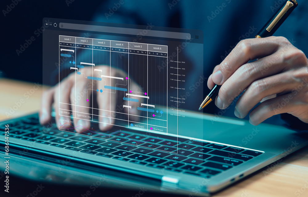 businessman schedule plan management shows a timeline Gantt chart in ...