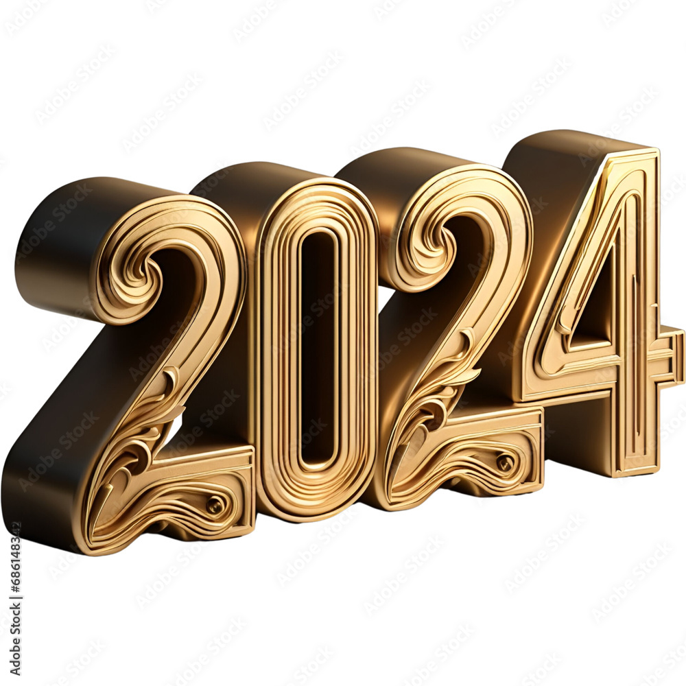 2024, 3d, gold, symbol, celebration, illustration, golden, number ...