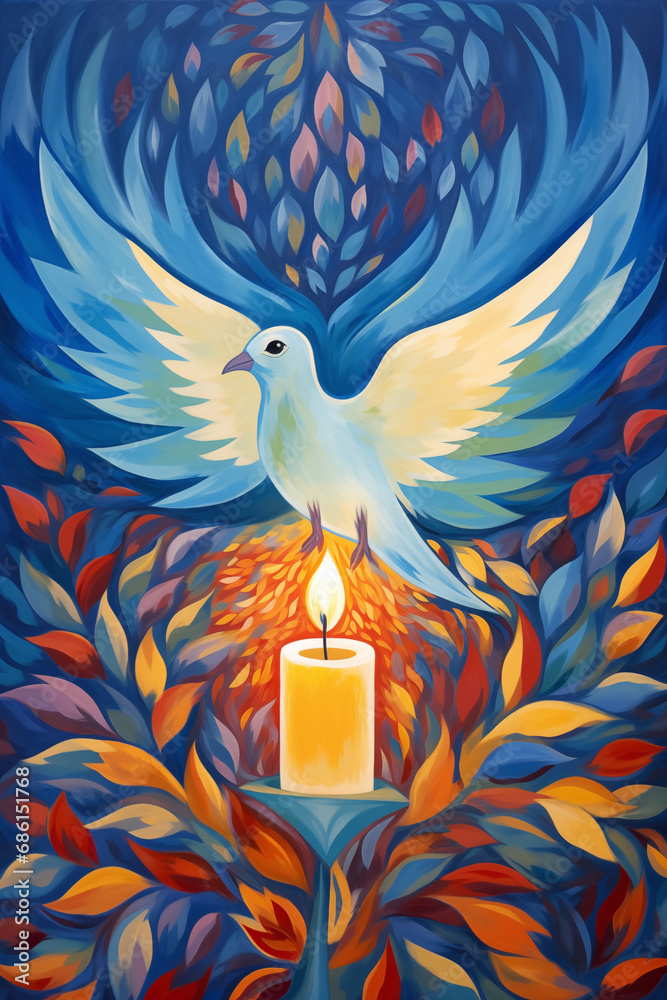 Holy spirit dove and lit candle on blue background. Baptism holiday ...
