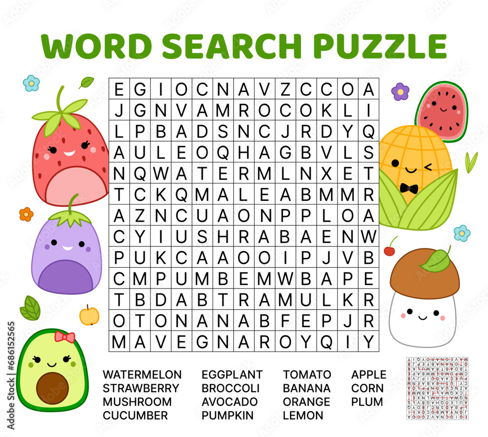 Vegetables and fruits. Word search game puzzle for kids. Squishmallow ...