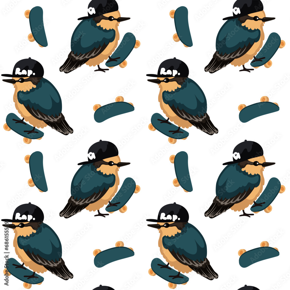 The pattern is sparrows or birds in caps. Fancy birds on a skateboard ...
