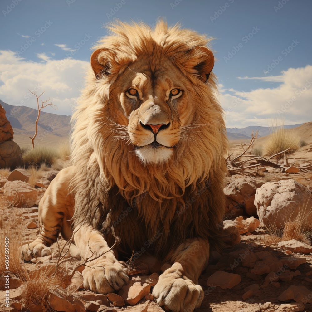 Powerful male lion crouched and attentive on an African desert ...