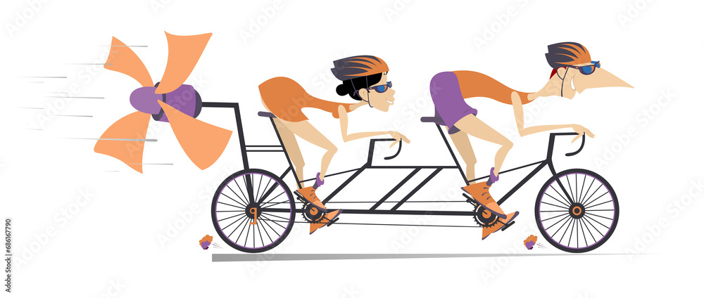 Cartoon man and woman riding on tandem bike with propeller. Cartoon man ...
