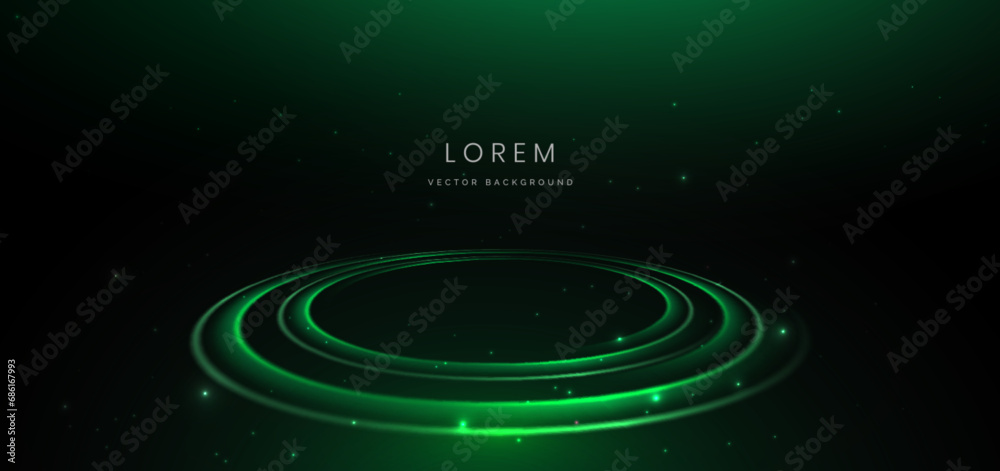 Abstract technology futuristic neon circle glowing green light lines on dark green background ...