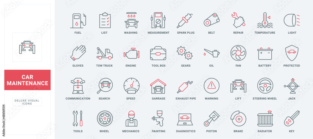 Car repair and maintenance service thin black and red line icons set ...