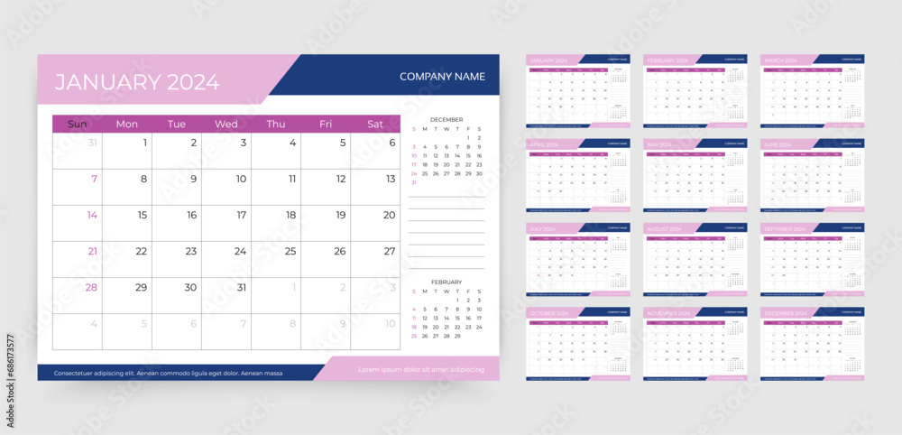 2024 calendar. Planner template. Week starts Sunday. Desk schedule grid ...