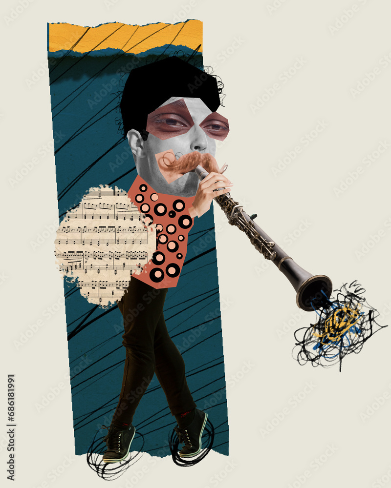 Young man playing clarinet over light textured background. Contemporary ...