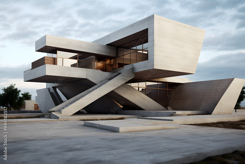 A concrete structure with bold geometric forms, showcasing raw ...