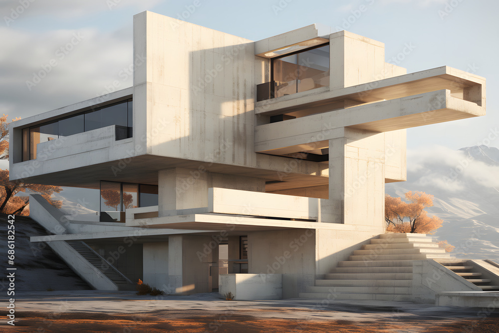 A concrete structure with bold geometric forms, showcasing raw ...