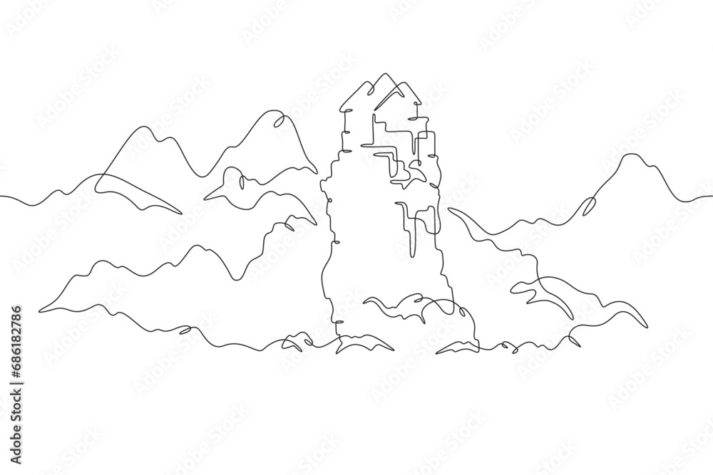 Mountain house. Lonely house on a cliff. Residential building against ...