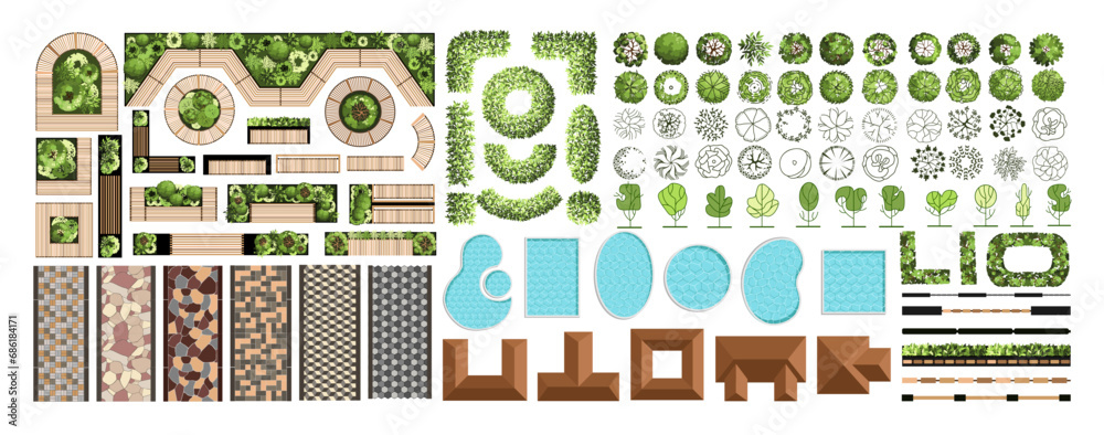 Landscape elements for master plans. Various trees, furniture, houses ...
