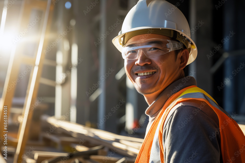 Smiling men bricklayer in work clothes on a construction site. Mason at ...