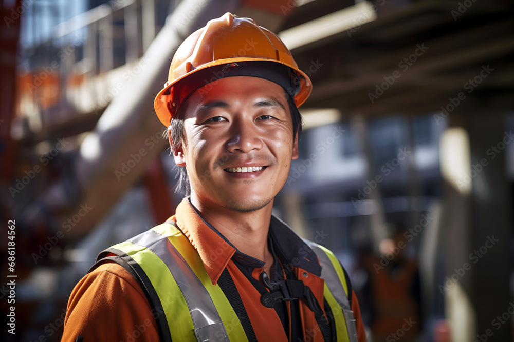 Smiling men bricklayer in work clothes on a construction site. Mason at ...