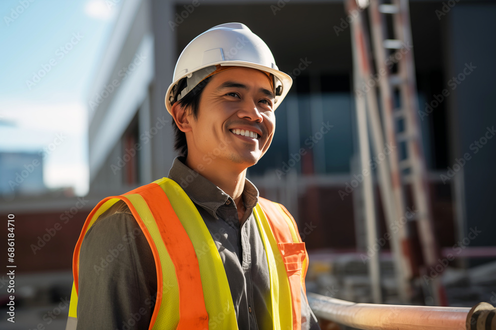 Smiling men bricklayer in work clothes on a construction site. Mason at ...