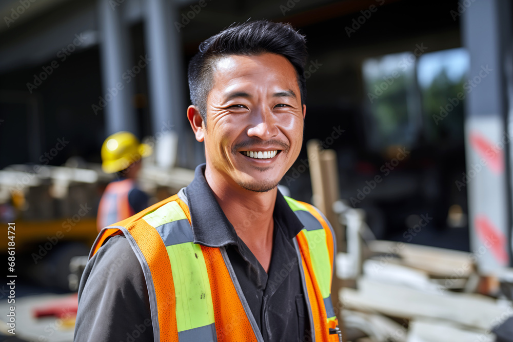 Smiling men bricklayer in work clothes on a construction site. Mason at ...