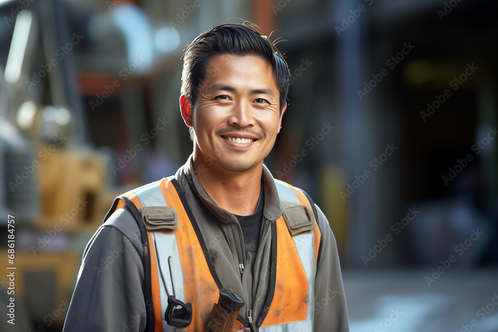 Smiling men bricklayer in work clothes on a construction site. Mason at ...