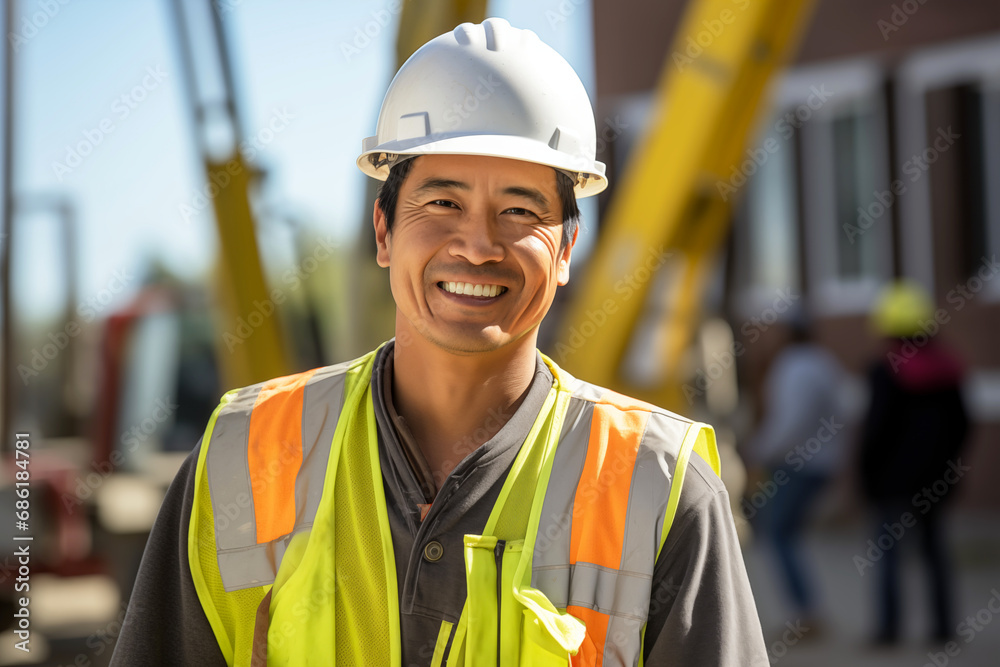 Smiling men bricklayer in work clothes on a construction site. Mason at ...