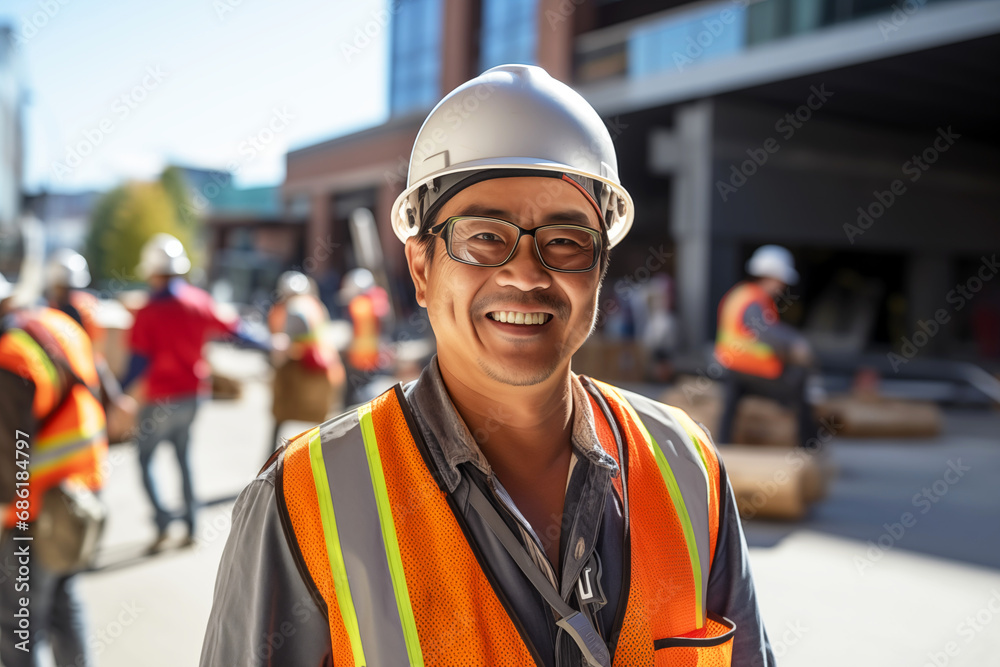 Smiling men bricklayer in work clothes on a construction site. Mason at ...