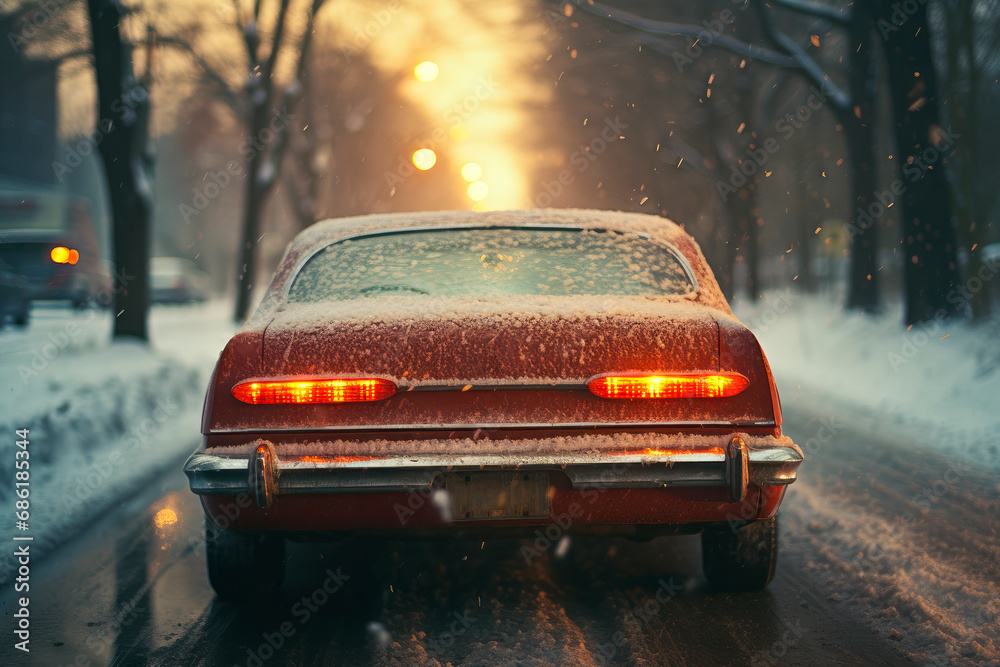 Empty winter road and car on the roadside. Winter driving conditions on ...