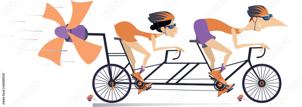 Cartoon man and woman riding on tandem bike with propeller. Cartoon man ...