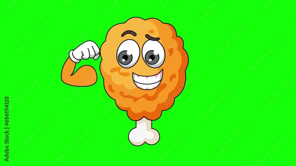 Flexing muscle of fried chicken cartoon, strong pose mascot animation ...