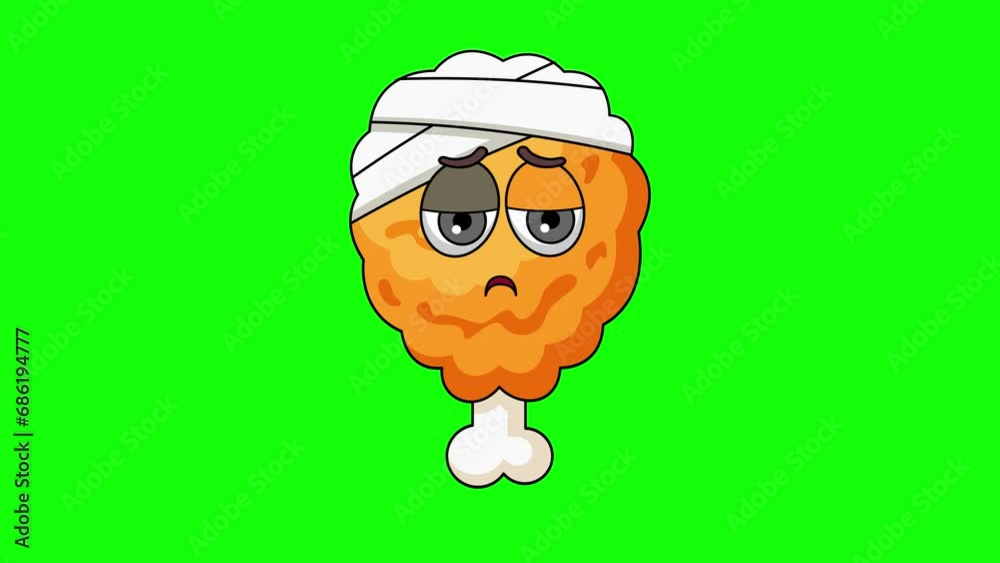 fried chicken emoticon face with head bandage, emoji loop animation ...