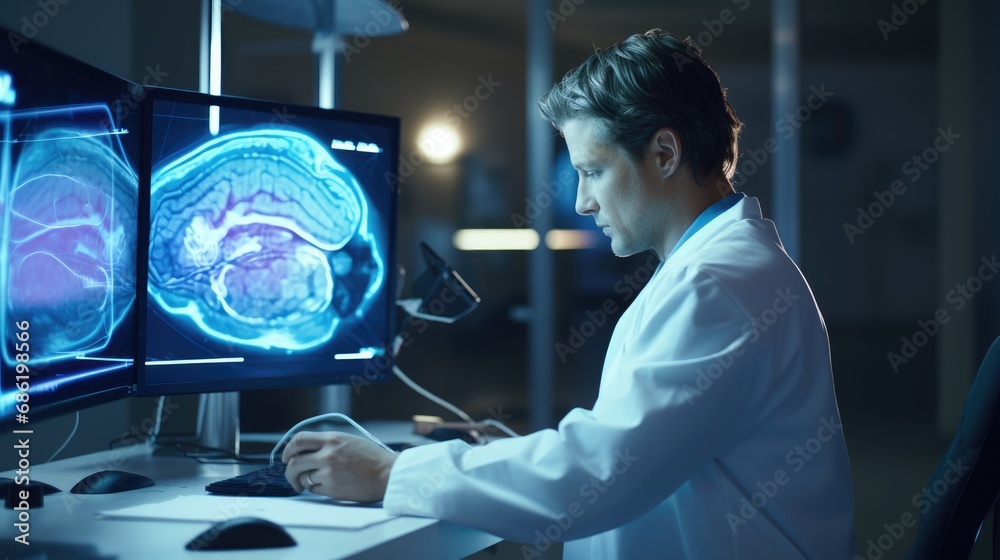 Specialized neurology doctor studying brain tests on a monitor in a ...