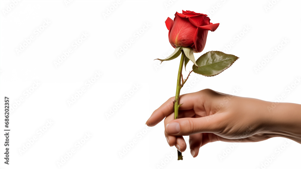16:9 A red rose on hand symbolizes giving love on Valentine's Day or ...