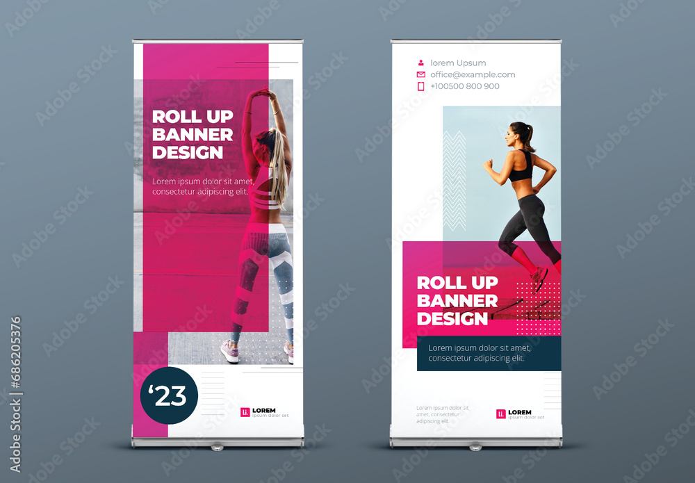 Business Roll Up Banner Layout with Pink flat Elements Stock Template ...