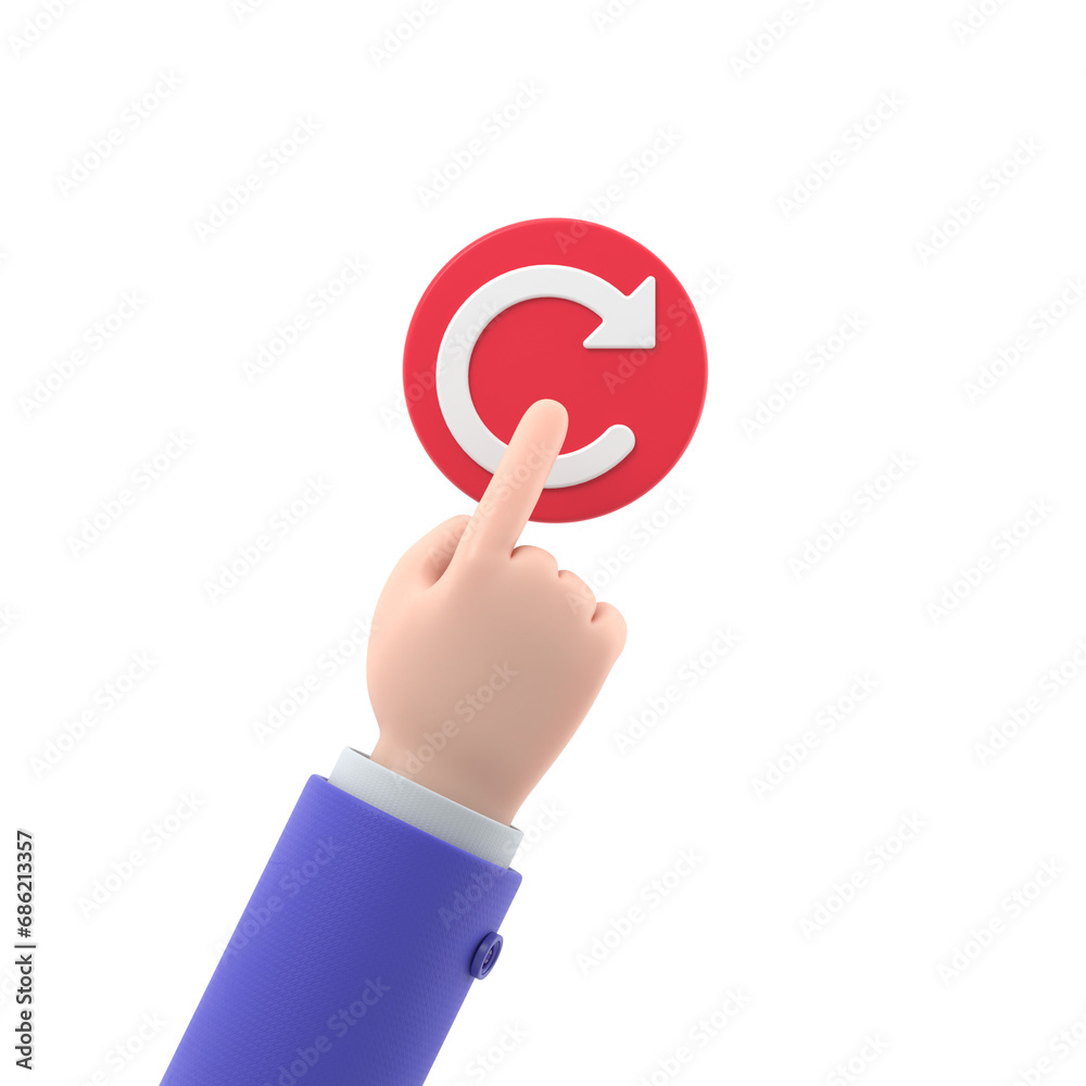 Reboot concept. Restarting technology. Hand to push big red button. 3d ...