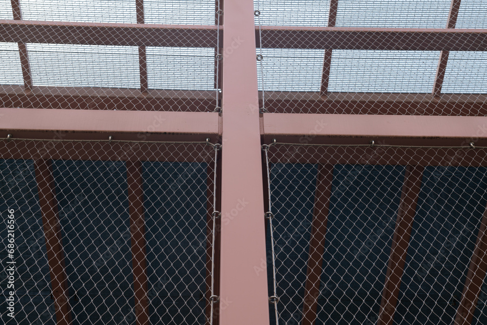 construction detail of building with gallery and steel structure, fall ...