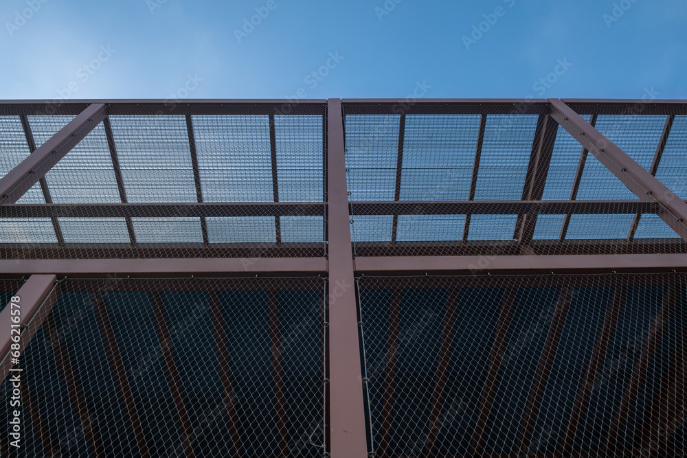 construction detail of building with gallery and steel structure, fall ...