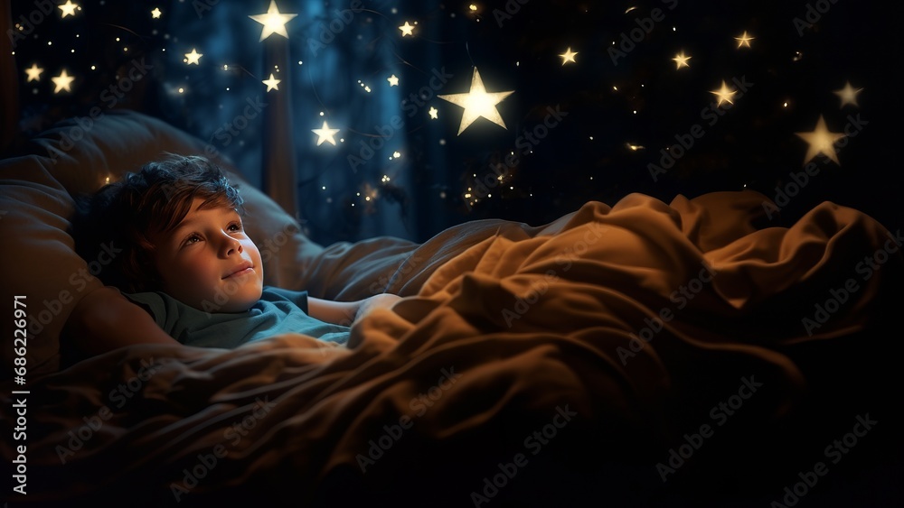 Generative AI image of a boy lays under a sleeping star in his bed ...