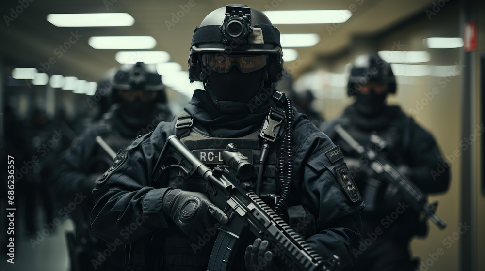 SWAT police team with guns in school hallway. Concept of tactical ...