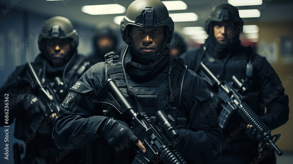 SWAT police team with guns in school hallway. Concept of tactical ...