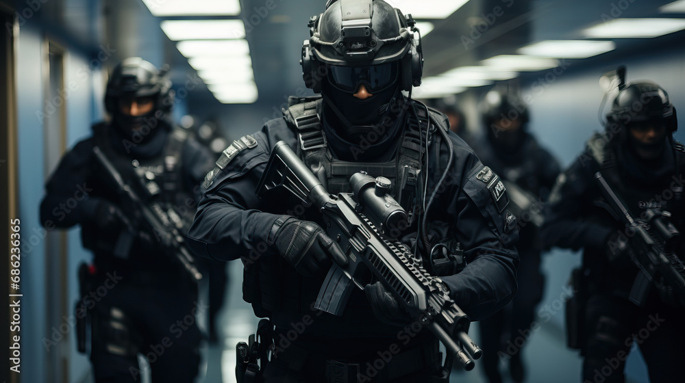 SWAT police team with guns in school hallway. Concept of tactical ...
