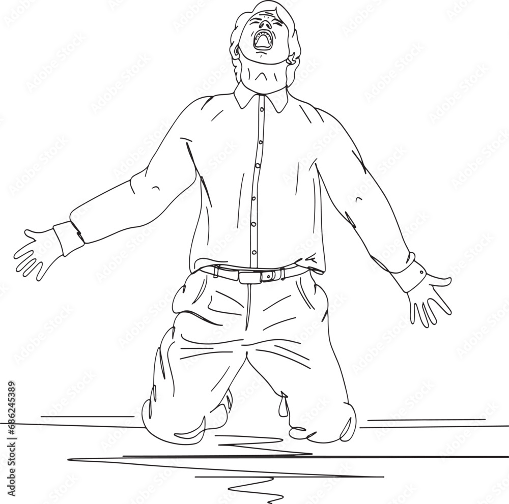 Excited Asian Man Full Body Character Shouting With Arms Raised Cartoon Style Illustration