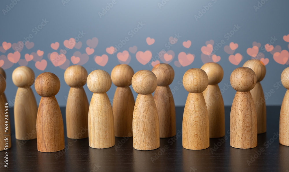 Crowd of people with hearts above their heads, concept with figures ...