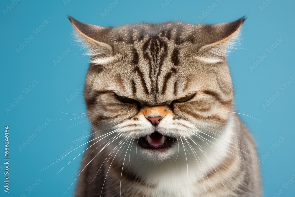 Evil cat looks maliciously, incredulously on teal blue background ...