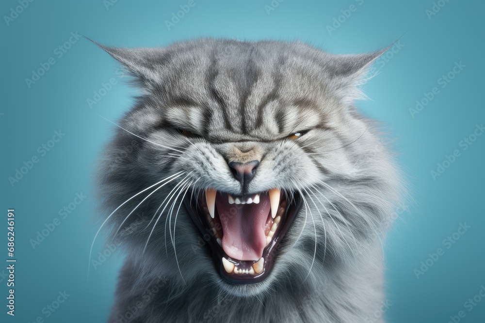 Evil cat looks maliciously, incredulously on teal blue background ...